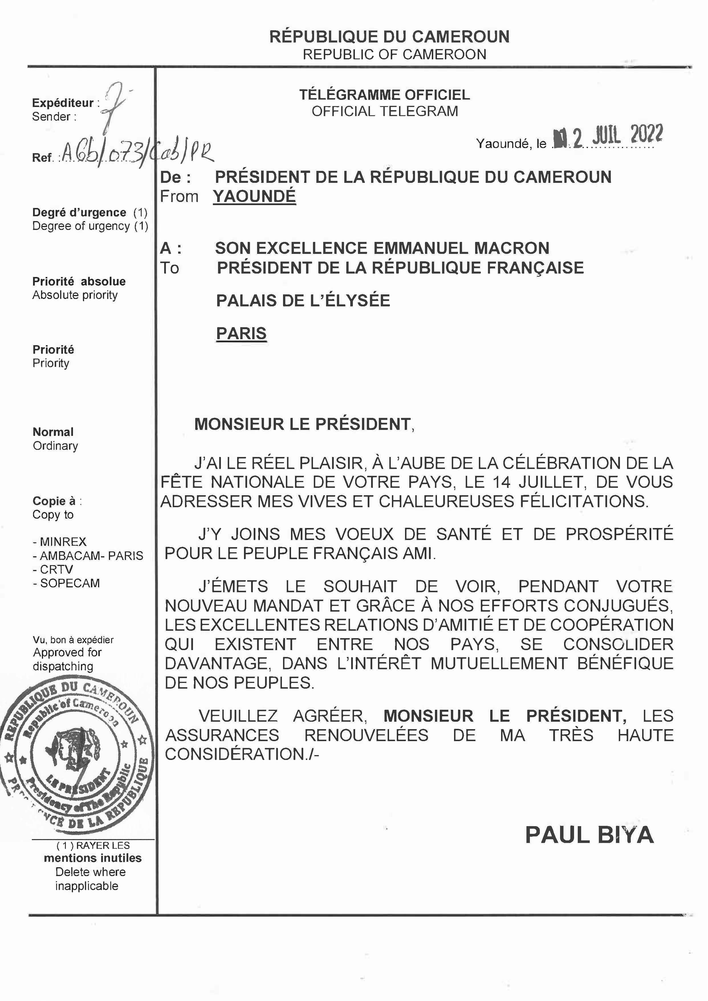 Message de félicitations du Chef de l’Etat à S.E. Emmanuel Macron, à l'occasion de la fête ...